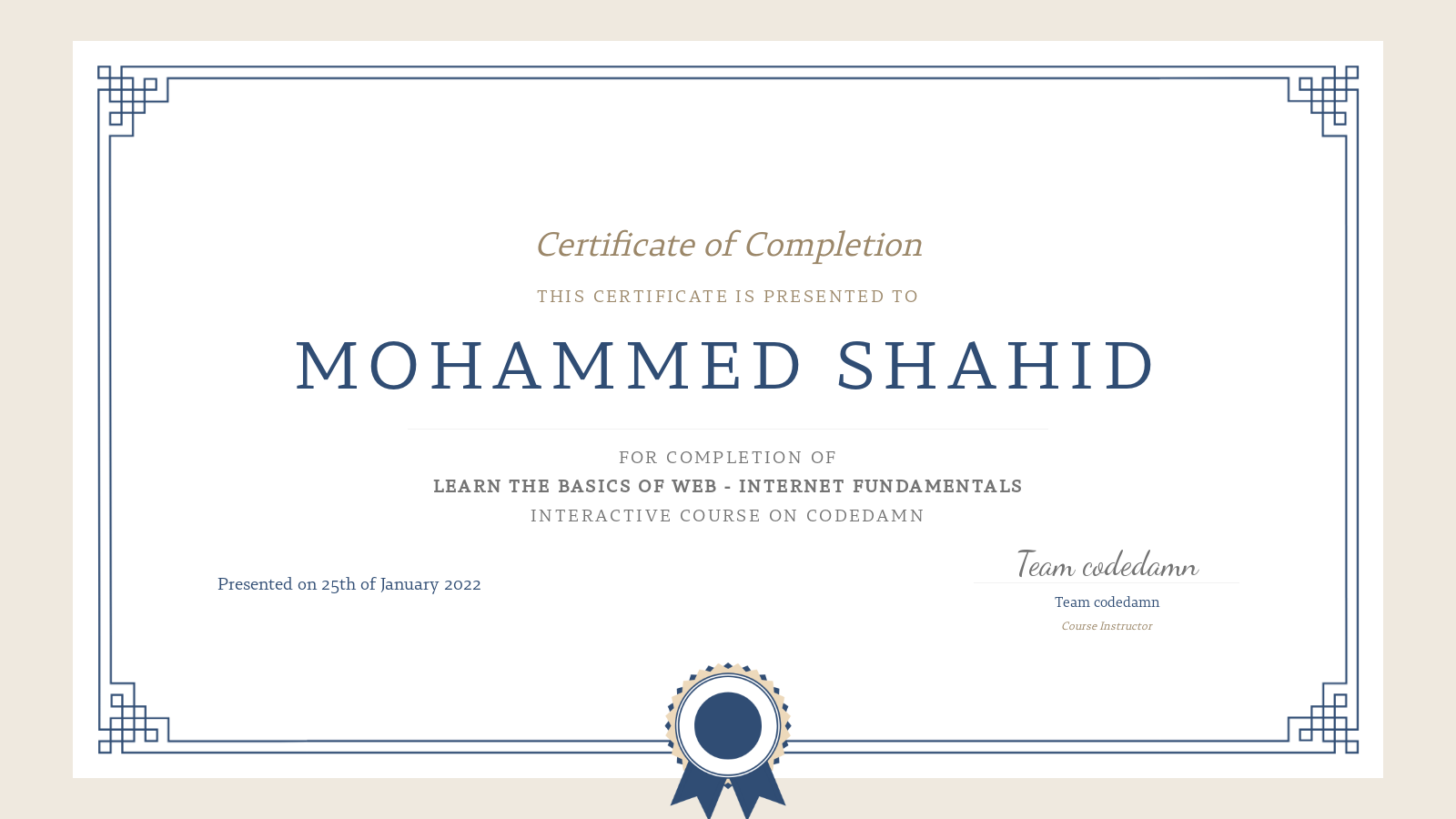 MOHAMMED SHAHID's certification for Learn the basics of web - Internet fundamentals | codedamn