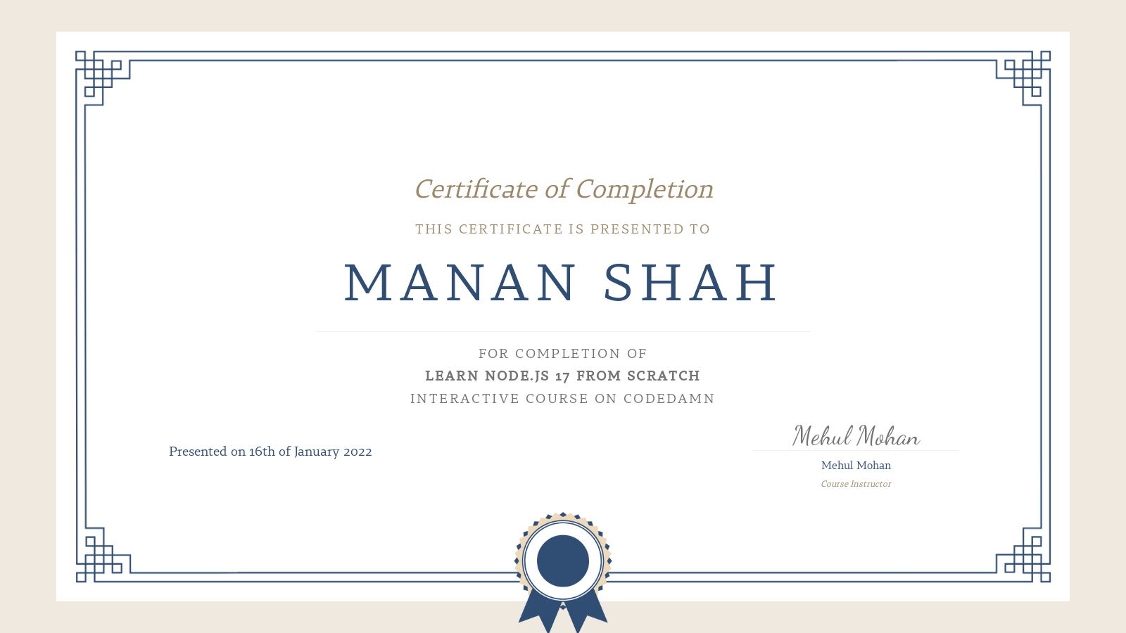 Manan Shah's certification for Learn Node.js From Scratch | codedamn