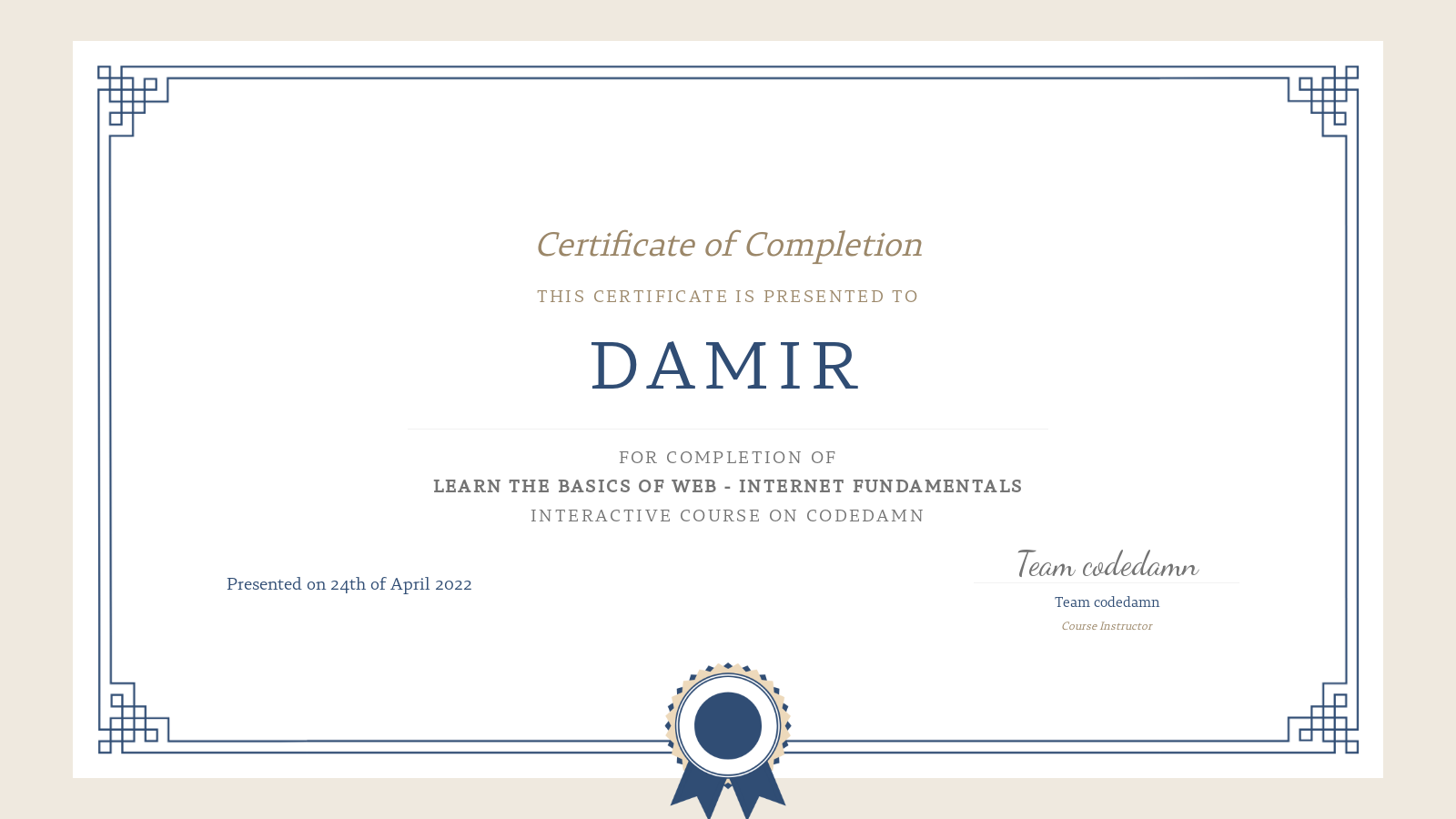 Damir S Certification For Learn The Basics Of Web Internet Fundamentals Codedamn