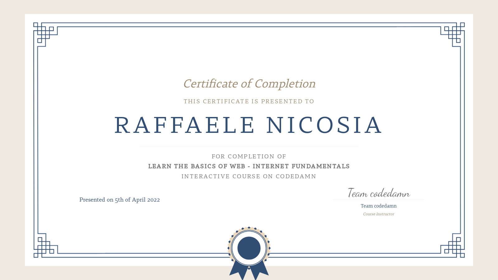 Raffaele Nicosia's certification for Learn the basics of web - Internet fundamentals | codedamn