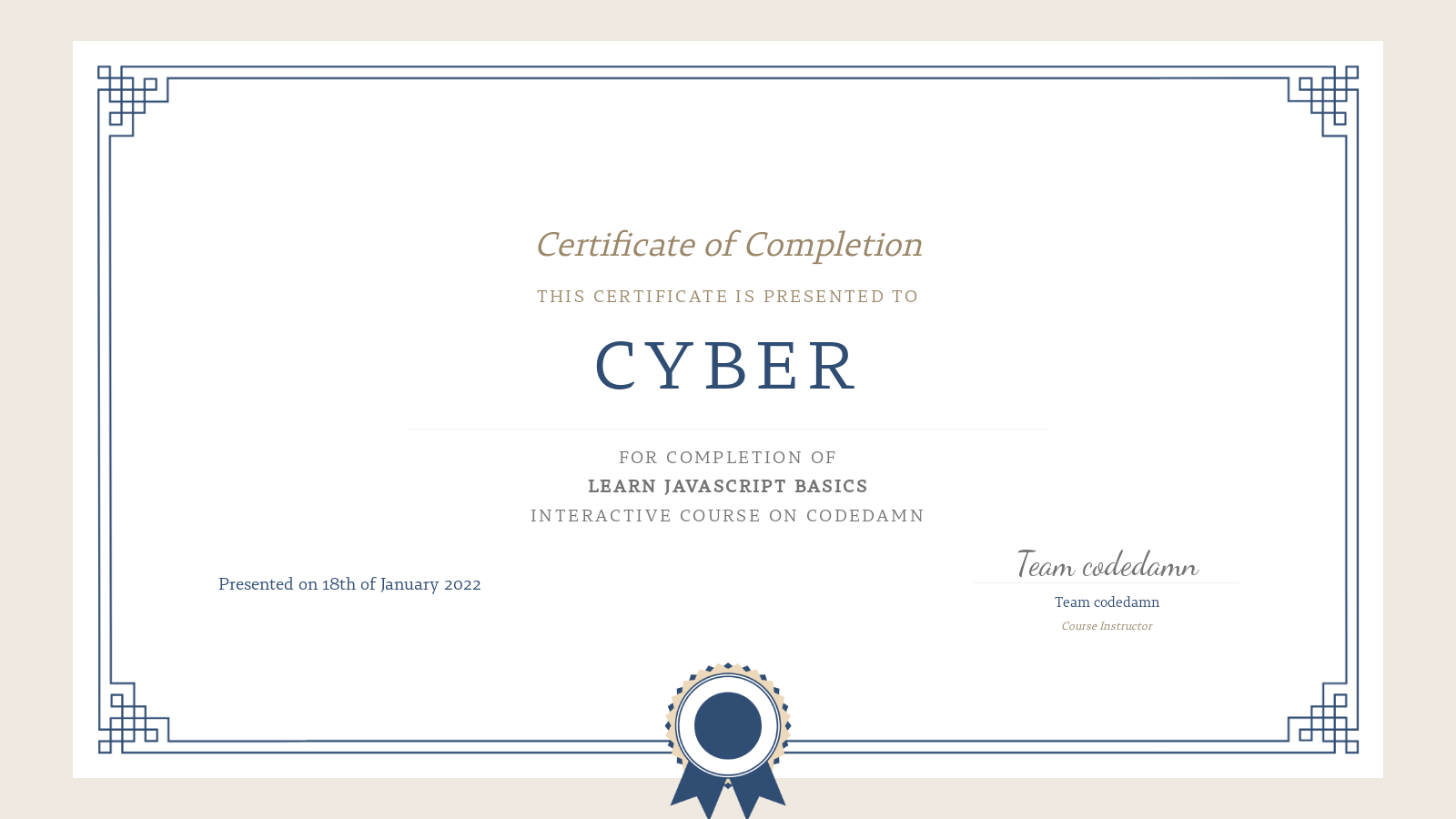 Cybers Certification For Learn Javascript Basics Codedamn
