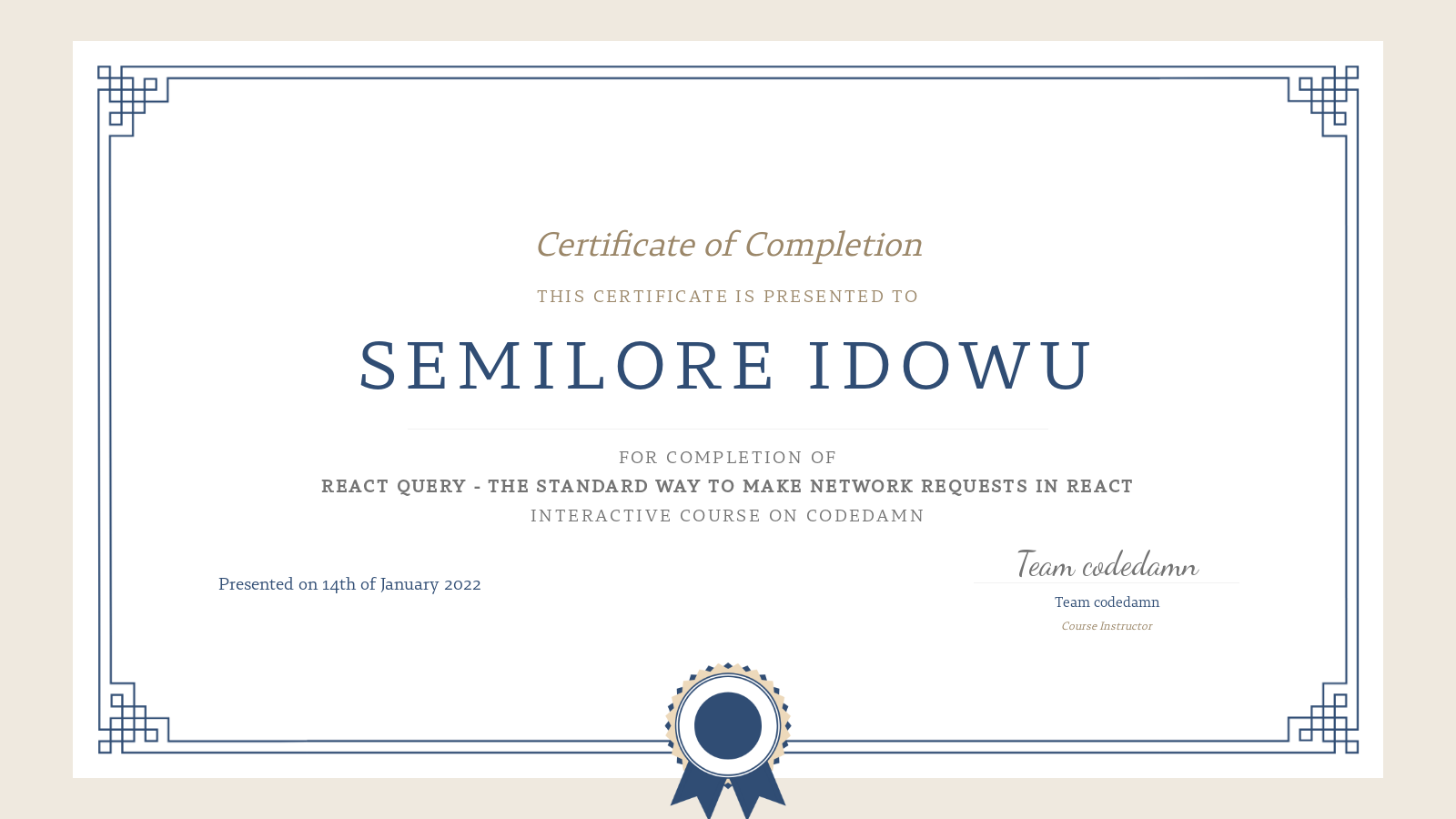 Semilore Idowu's certification for React Query - The standard way to make network requests in ...