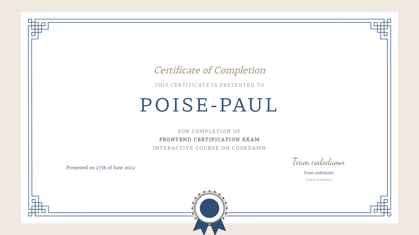 Poise-Paul's certification for Frontend Certification Exam | codedamn