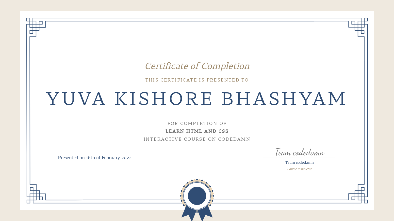 Yuva Kishore Bhashyam S Certification For Learn Html And Css [2023 Ready] Codedamn