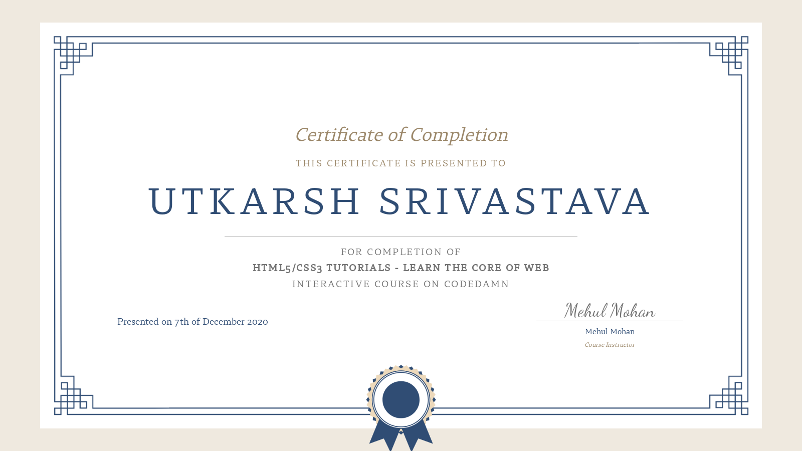 Utkarsh Srivastavas Certification For Learn Html And Css 2023 Ready Codedamn 2700