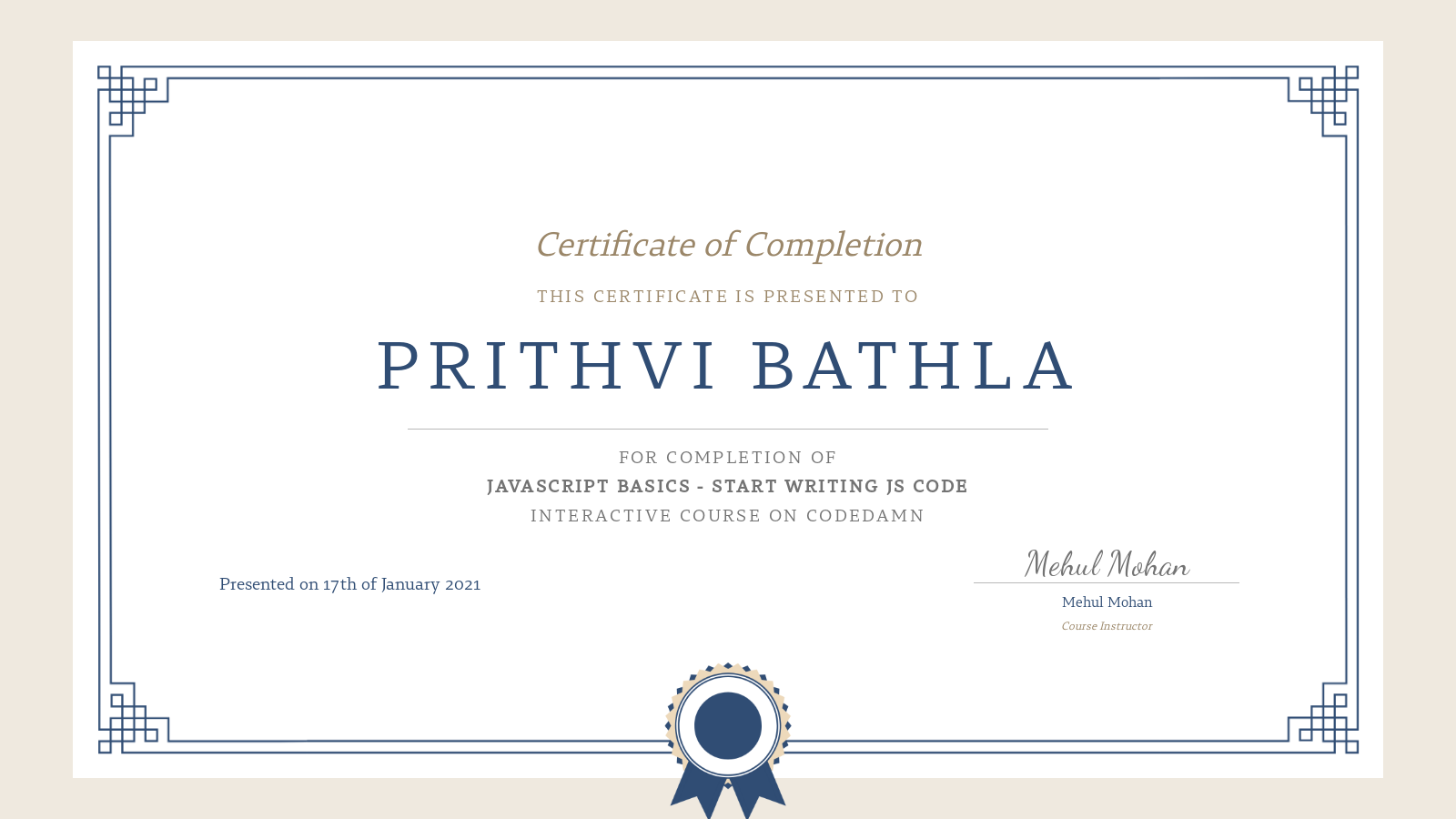 Prithvi Bathlas Certification For Learn Javascript Basics Codedamn 