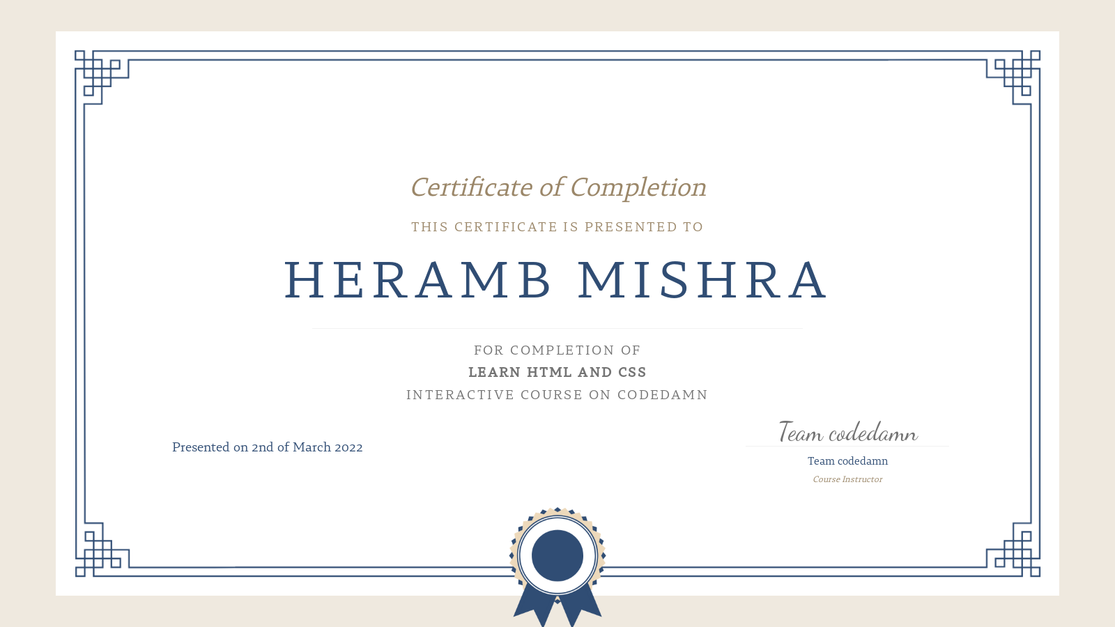 Heramb Mishra's certification for Learn HTML and CSS [2023 Ready] | codedamn