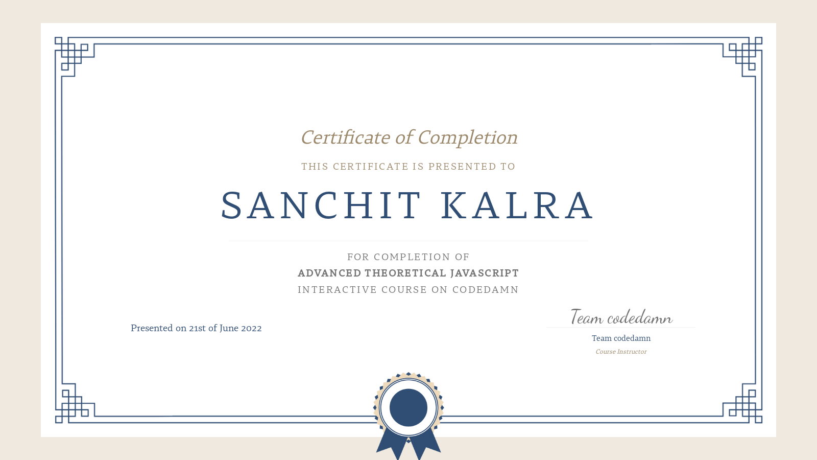 Sanchit Kalras Certification For Advanced Theoretical Javascript Codedamn