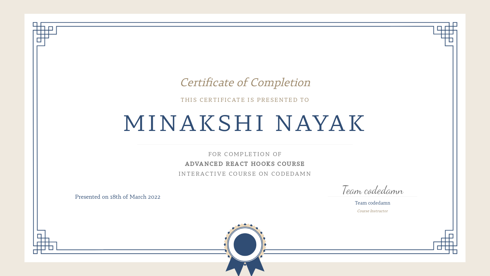 Minakshi Nayak's certification for Advanced React Hooks Course | codedamn