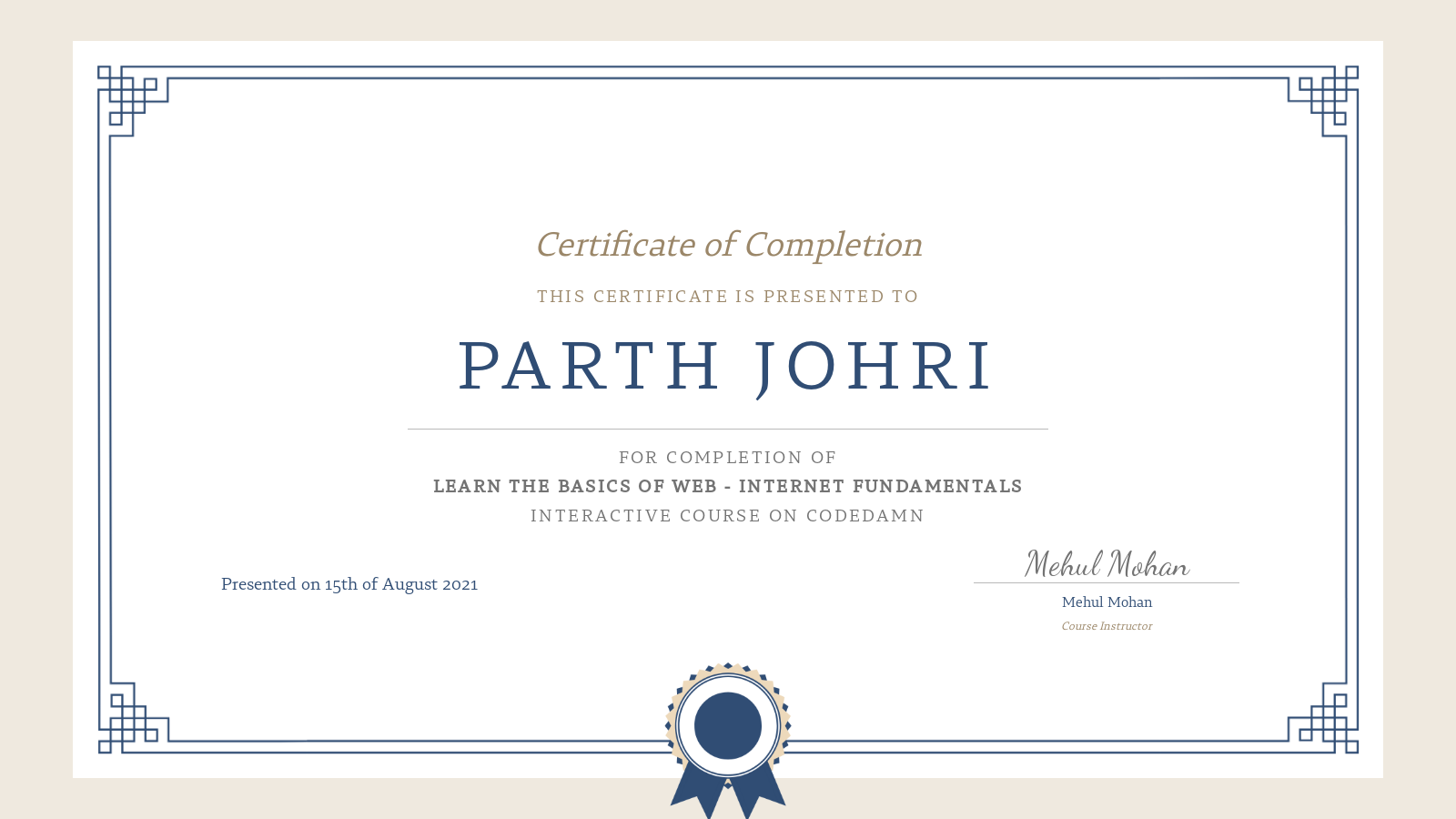 Parth Johri's certification for Learn the basics of web - Internet fundamentals | codedamn