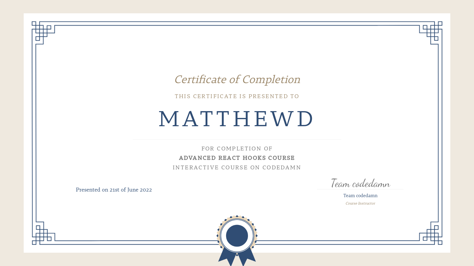 MatthewD's certification for Advanced React Hooks Course | codedamn