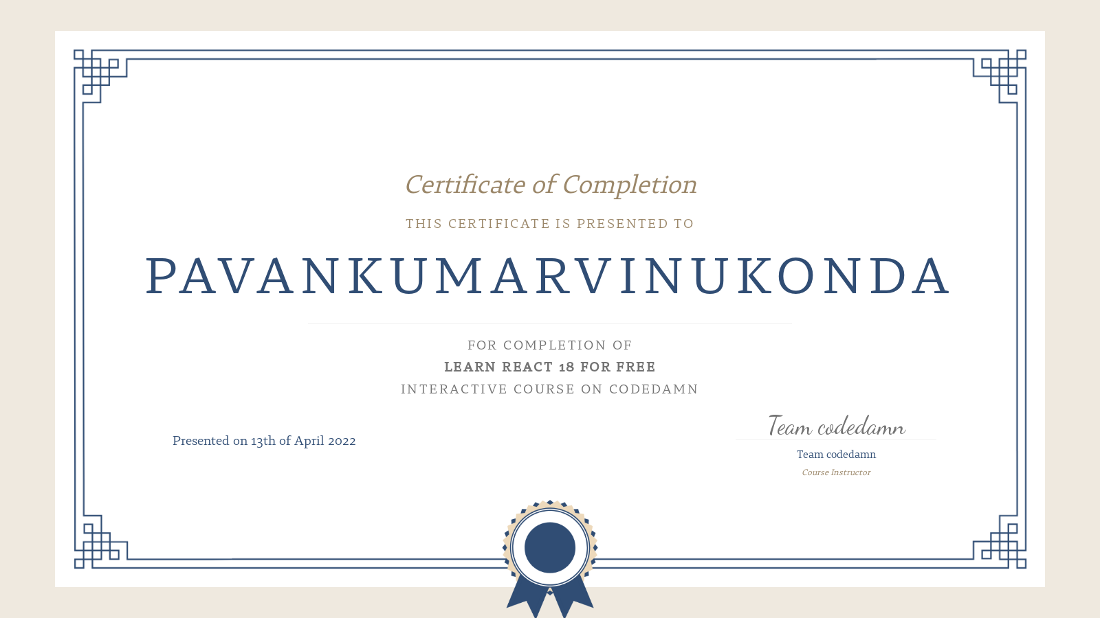 PavankumarVinukonda's certification for Learn React 18 for free | codedamn
