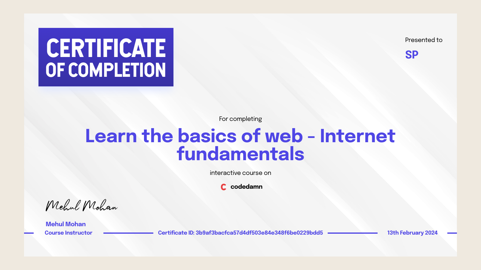 SP's certification for Learn the basics of web - Internet fundamentals | codedamn