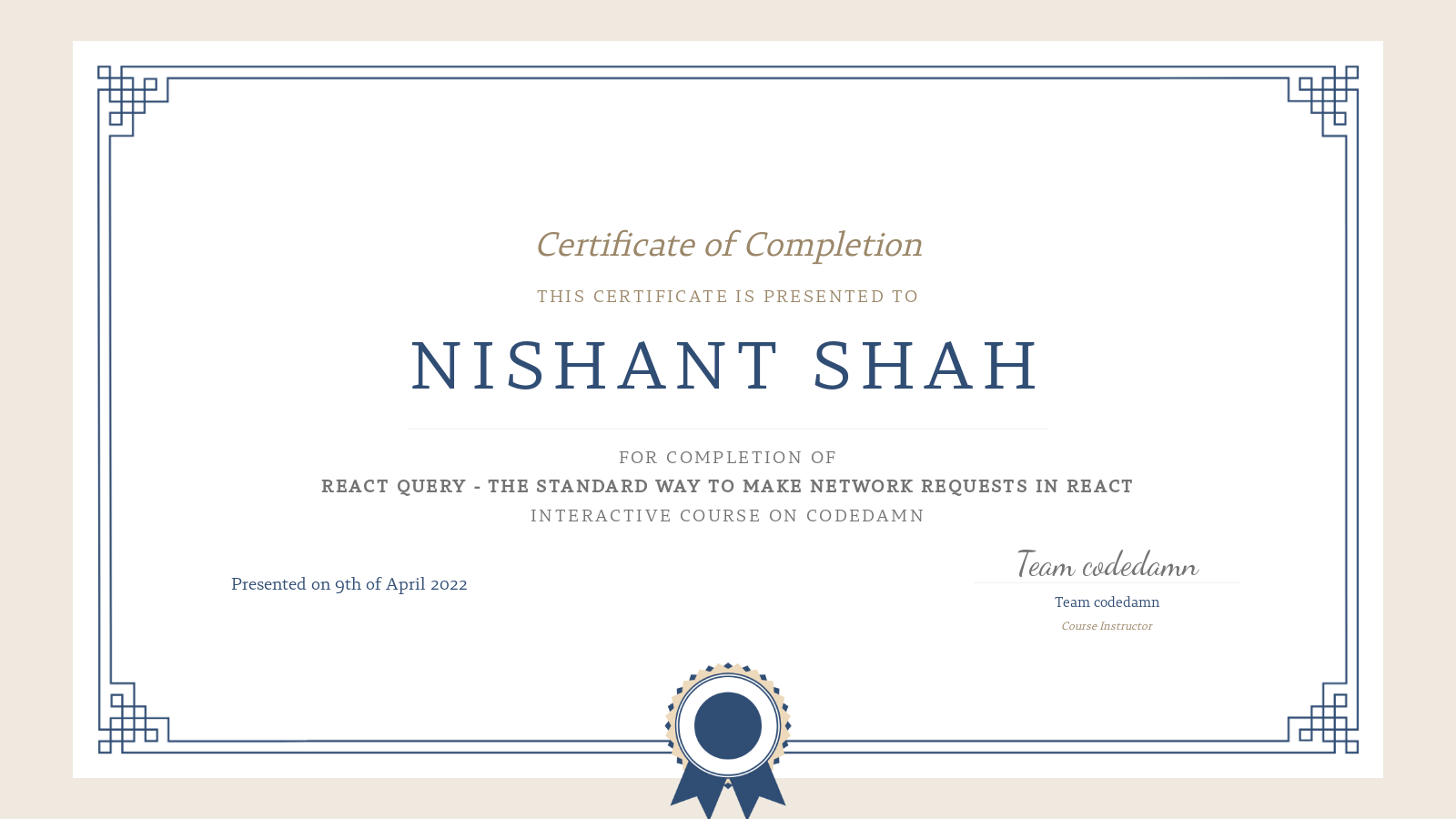 Nishant Shah's certification for React Query - The standard way to make network requests in ...