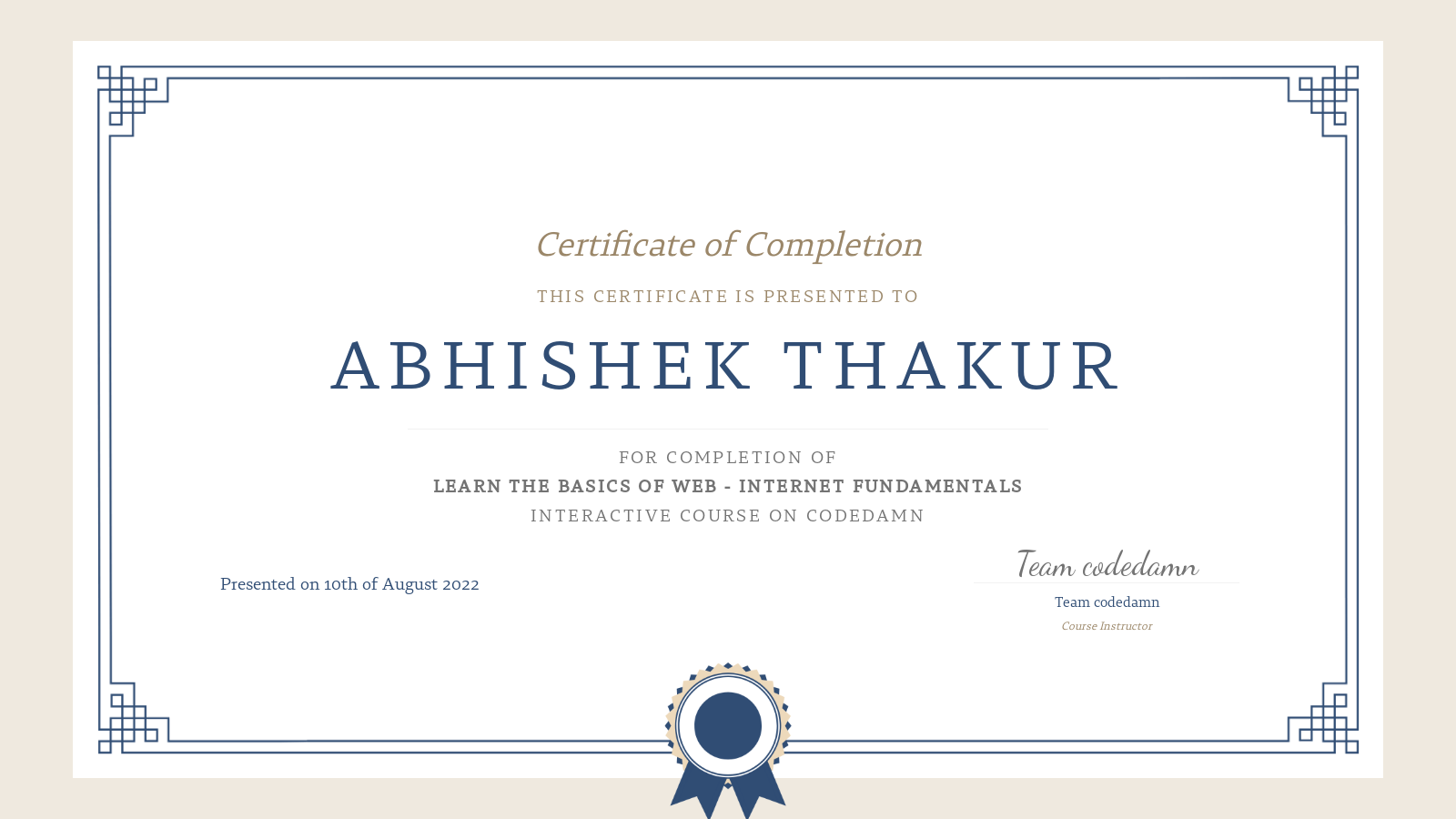 Abhishek Thakur's certification for Learn the basics of web - Internet fundamentals | codedamn