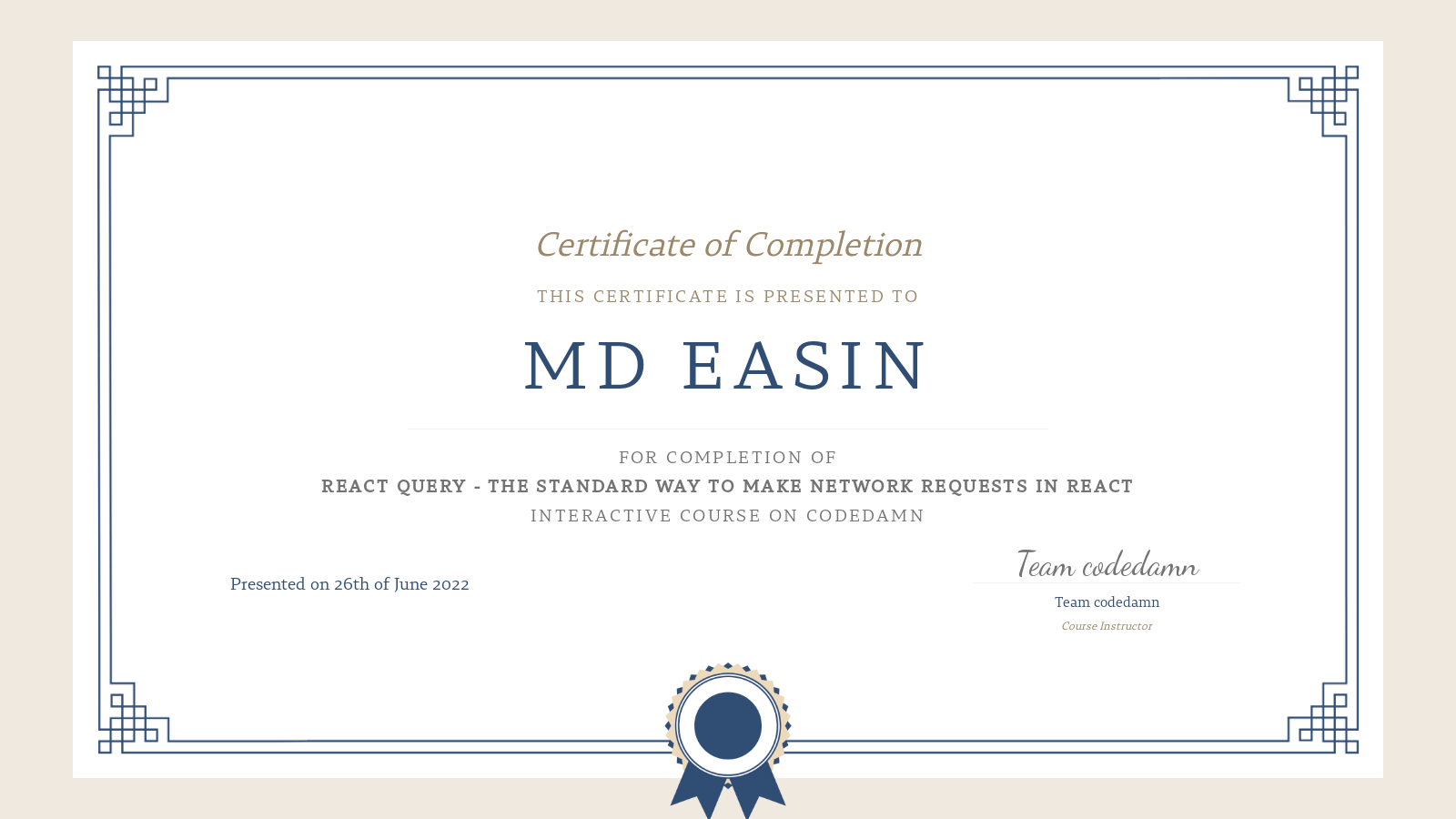 Md Easin's certification for React Query - The standard way to make ...