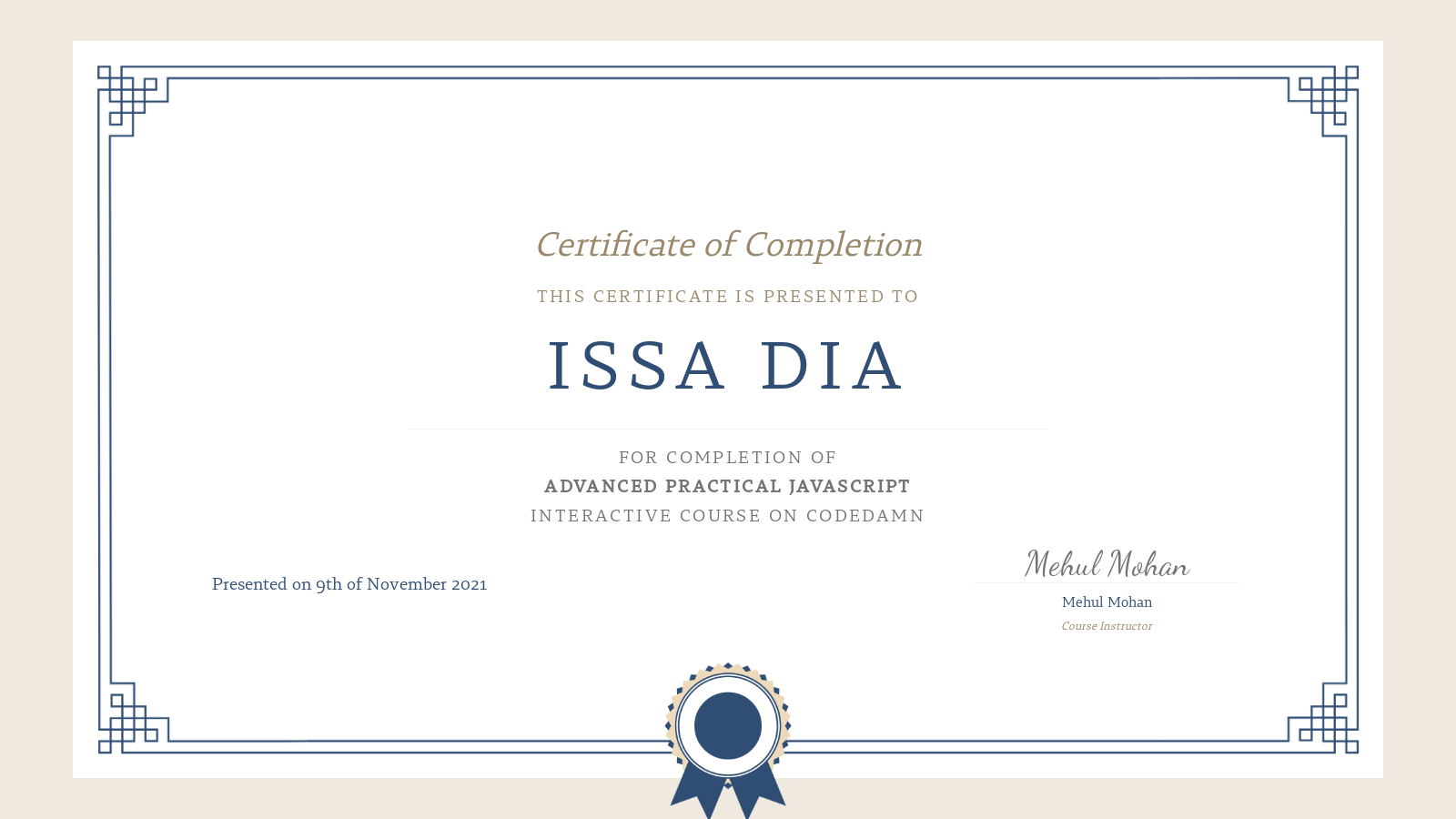 Issa Dia's certification for Advanced Practical JavaScript | codedamn