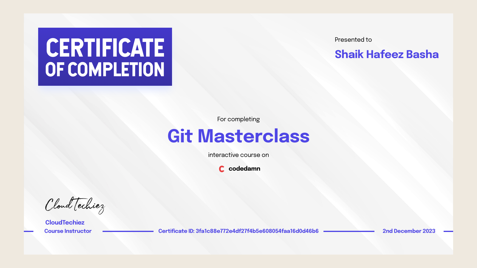Shaik Hafeez Basha's certification for Git Masterclass | codedamn