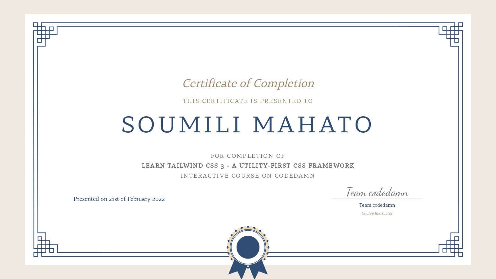 soumili mahato's certification for Learn Tailwind CSS 3 - A utility-first CSS framework | codedamn