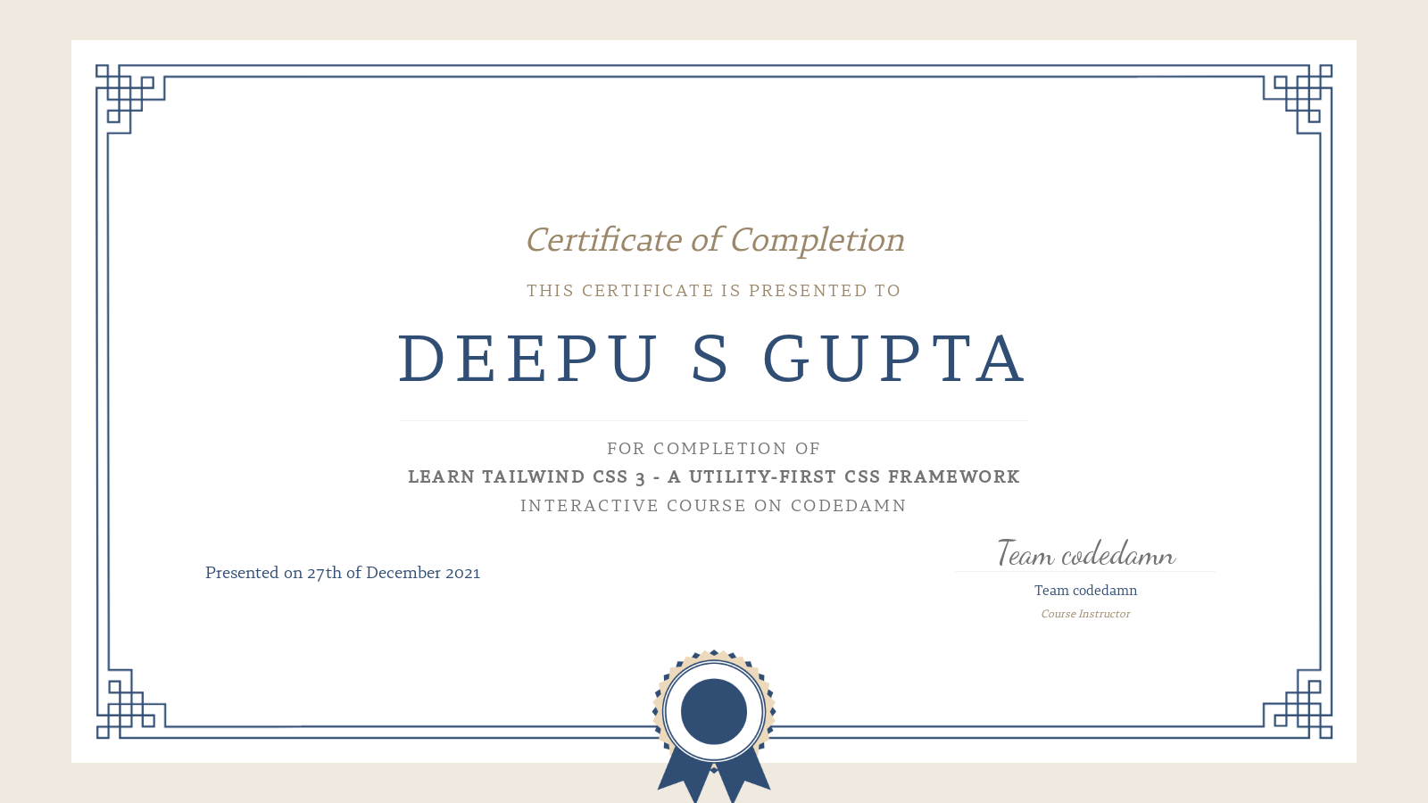 Deepu S Gupta's certification for Learn Tailwind CSS 3 - A utility-first CSS framework | codedamn