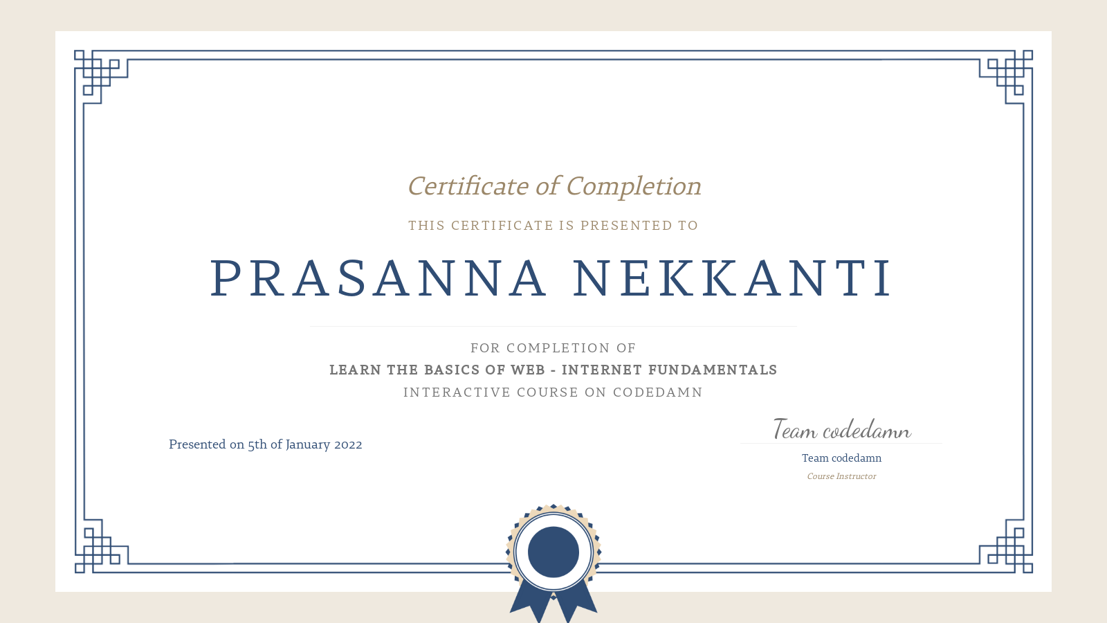 Prasanna Nekkanti's certification for Learn the basics of web - Internet fundamentals | codedamn