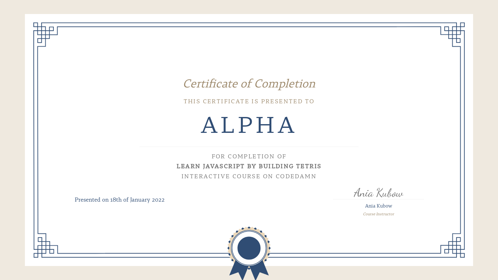Alpha's certification for Learn JavaScript by building Tetris | codedamn