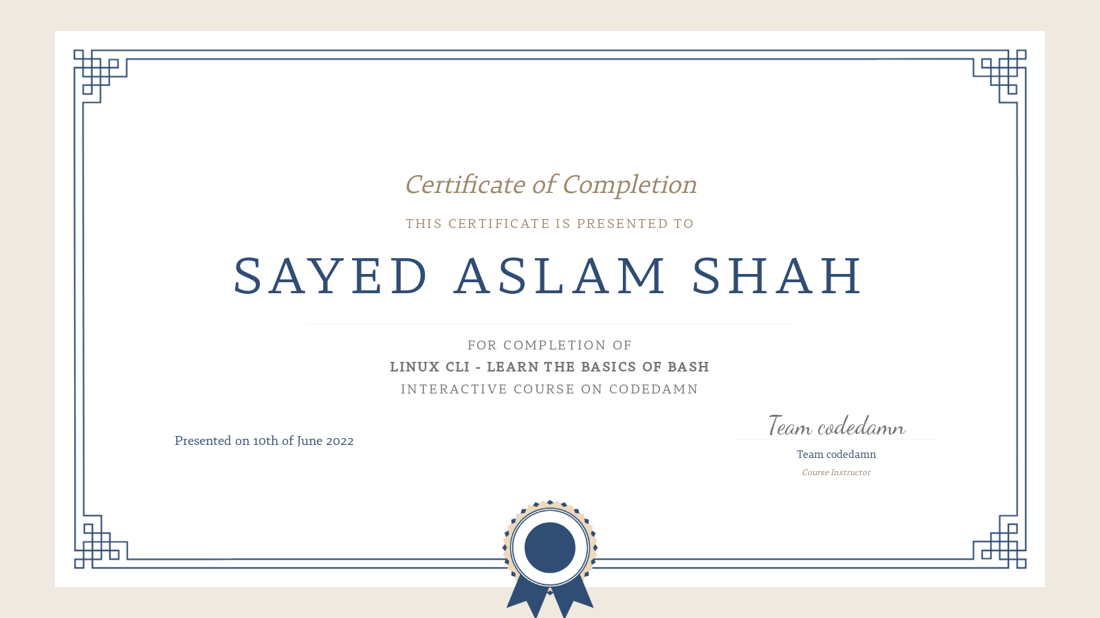Sayed Aslam Shah's certification for Linux CLI - Learn the basics of bash | codedamn
