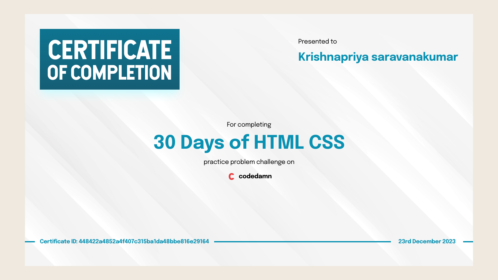 Krishnapriya saravanakumar's certification for 30 Days of HTML CSS | codedamn