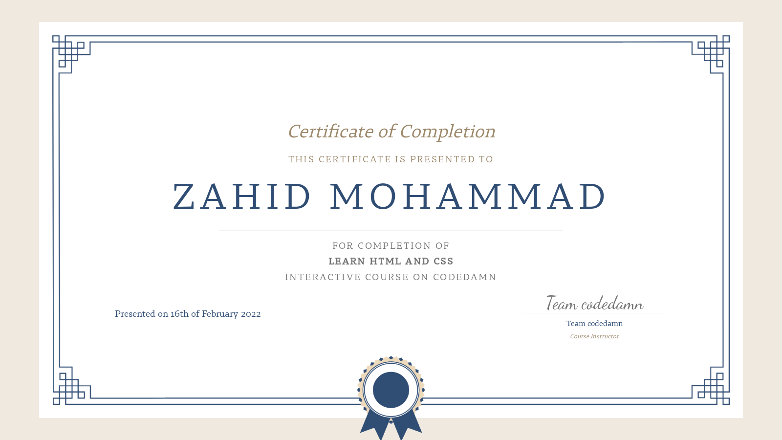 Zahid Mohammad's certification for Learn HTML and CSS [2023 Ready] | codedamn
