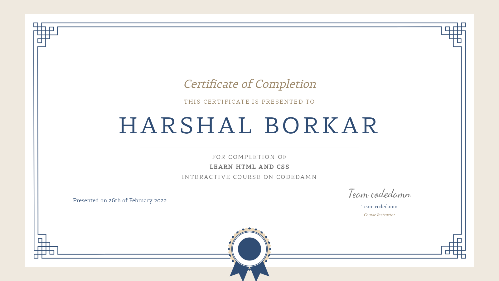 Harshal Borkar S Certification For Learn Html And Css [2023 Ready] Codedamn