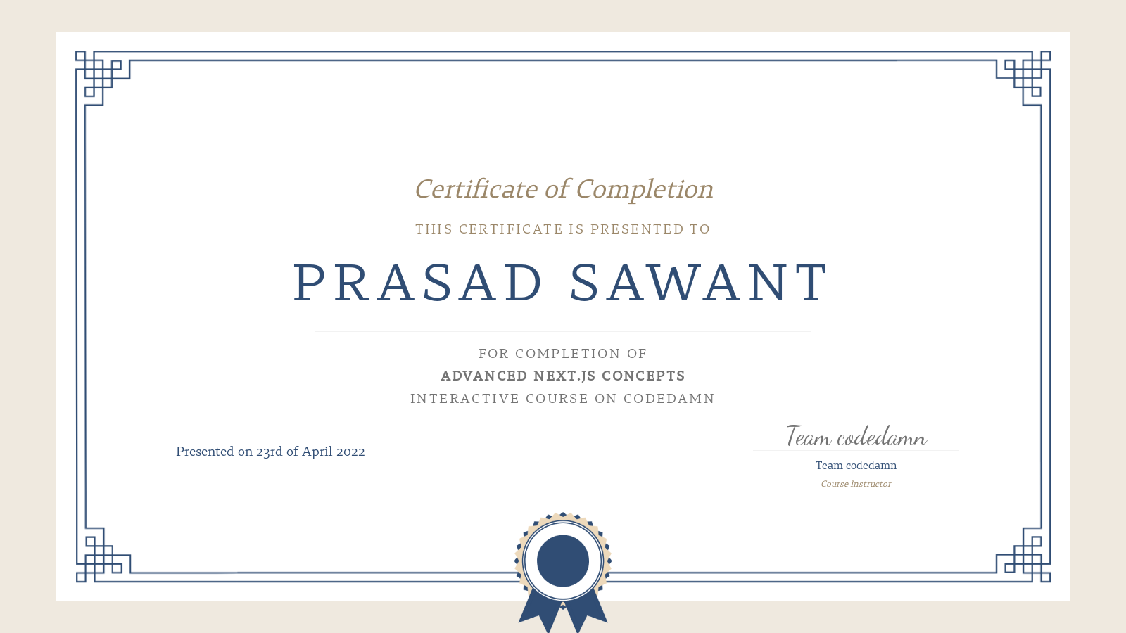 Prasad Sawant's certification for Advanced Next.js Concepts | codedamn