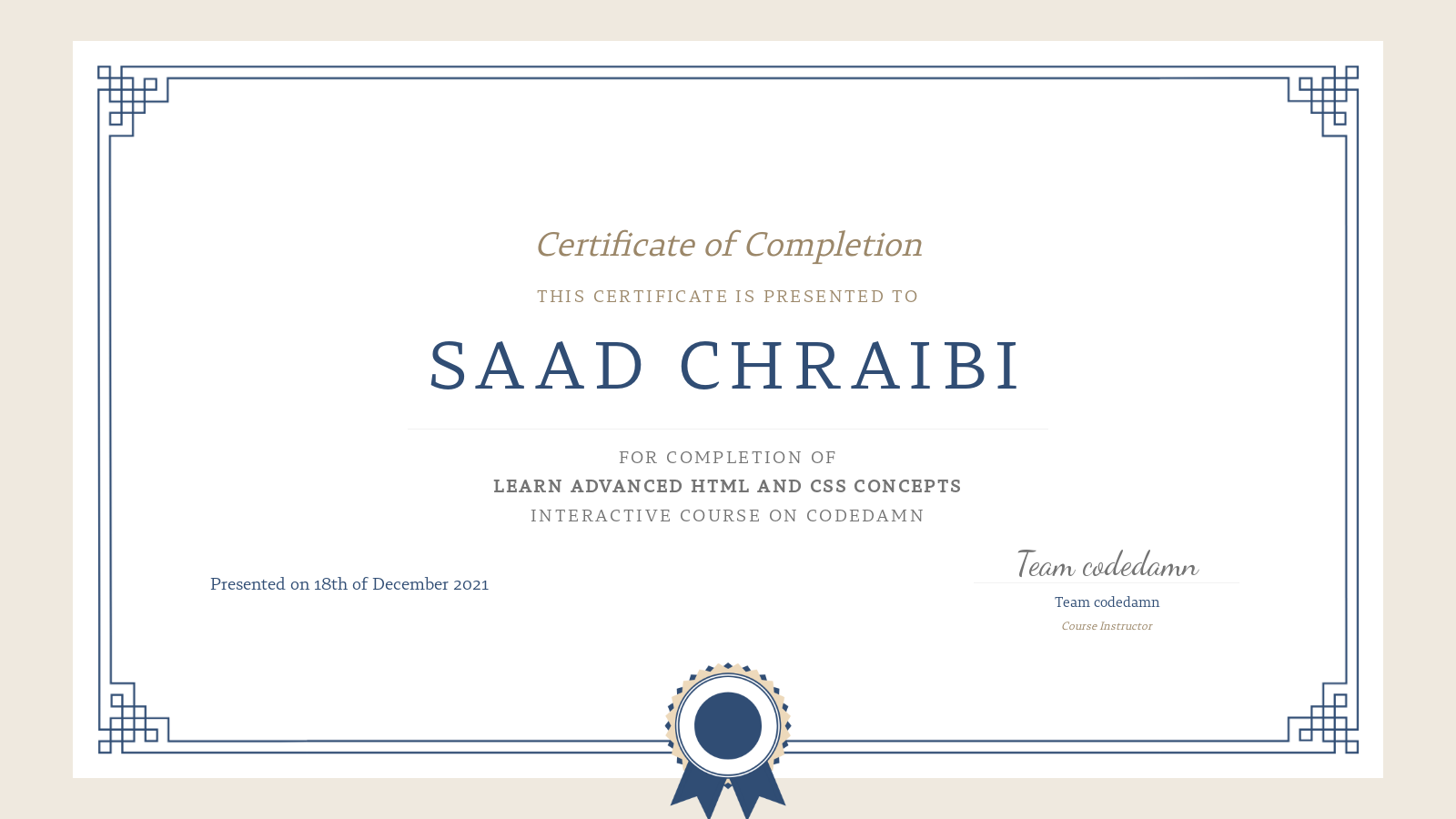 Saad Chraibi S Certification For Learn Advanced Html And Css Concepts [updated 2023] Codedamn