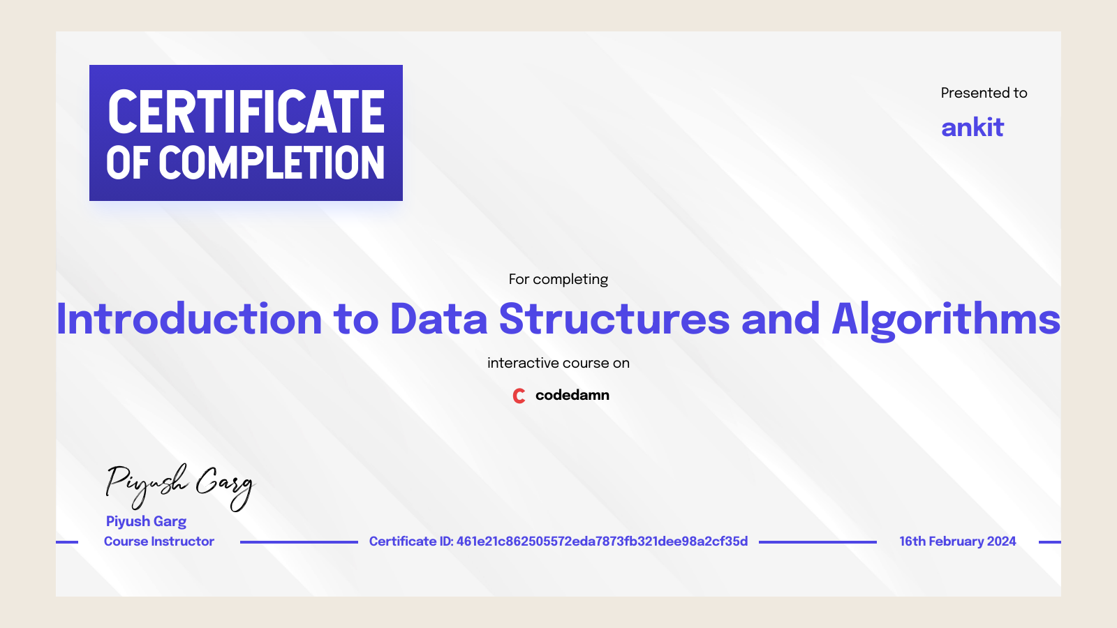 ankit's certification for Introduction to Data Structures and Algorithms | codedamn