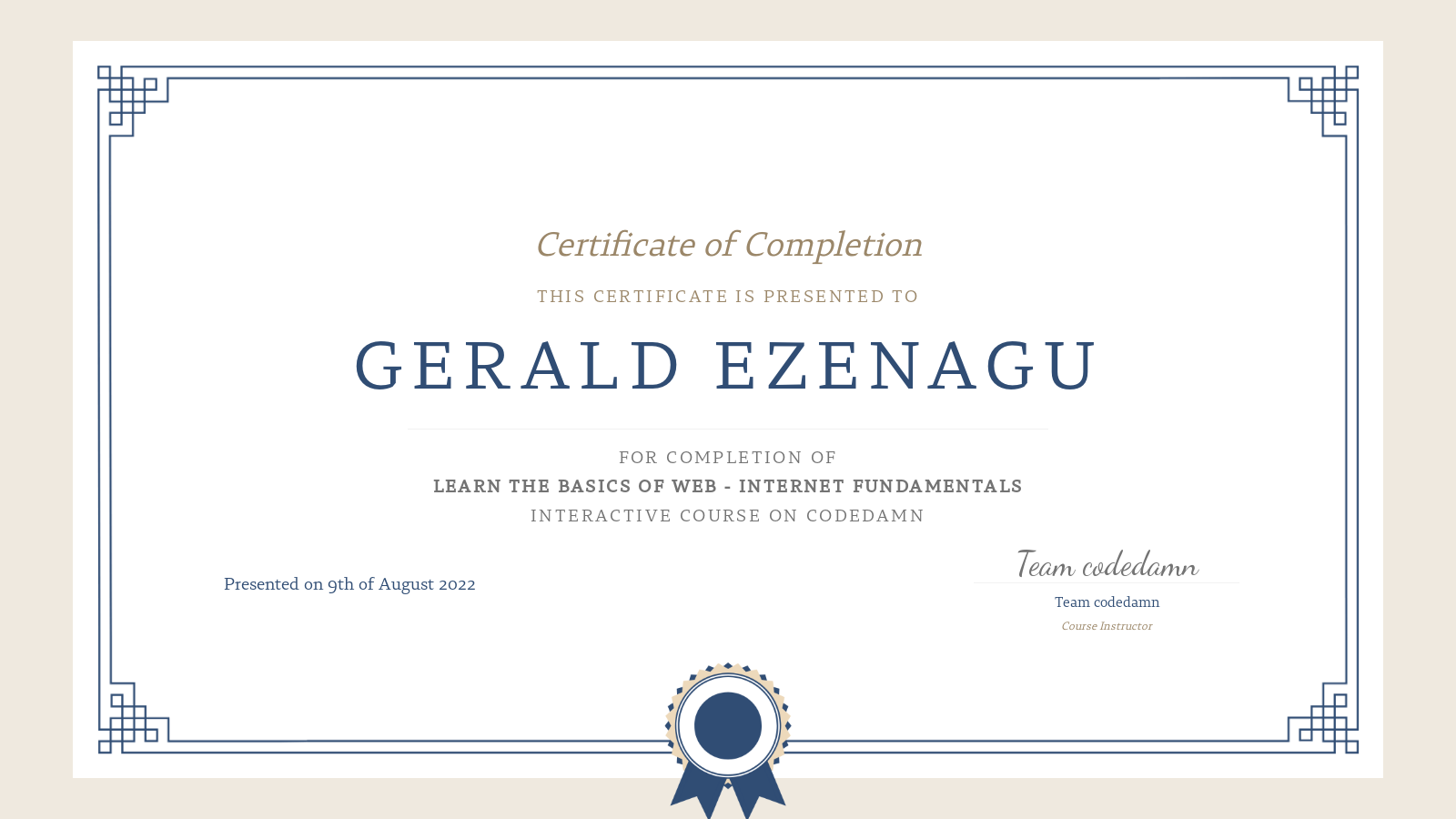 Gerald Ezenagu's certification for Learn the basics of web - Internet fundamentals | codedamn