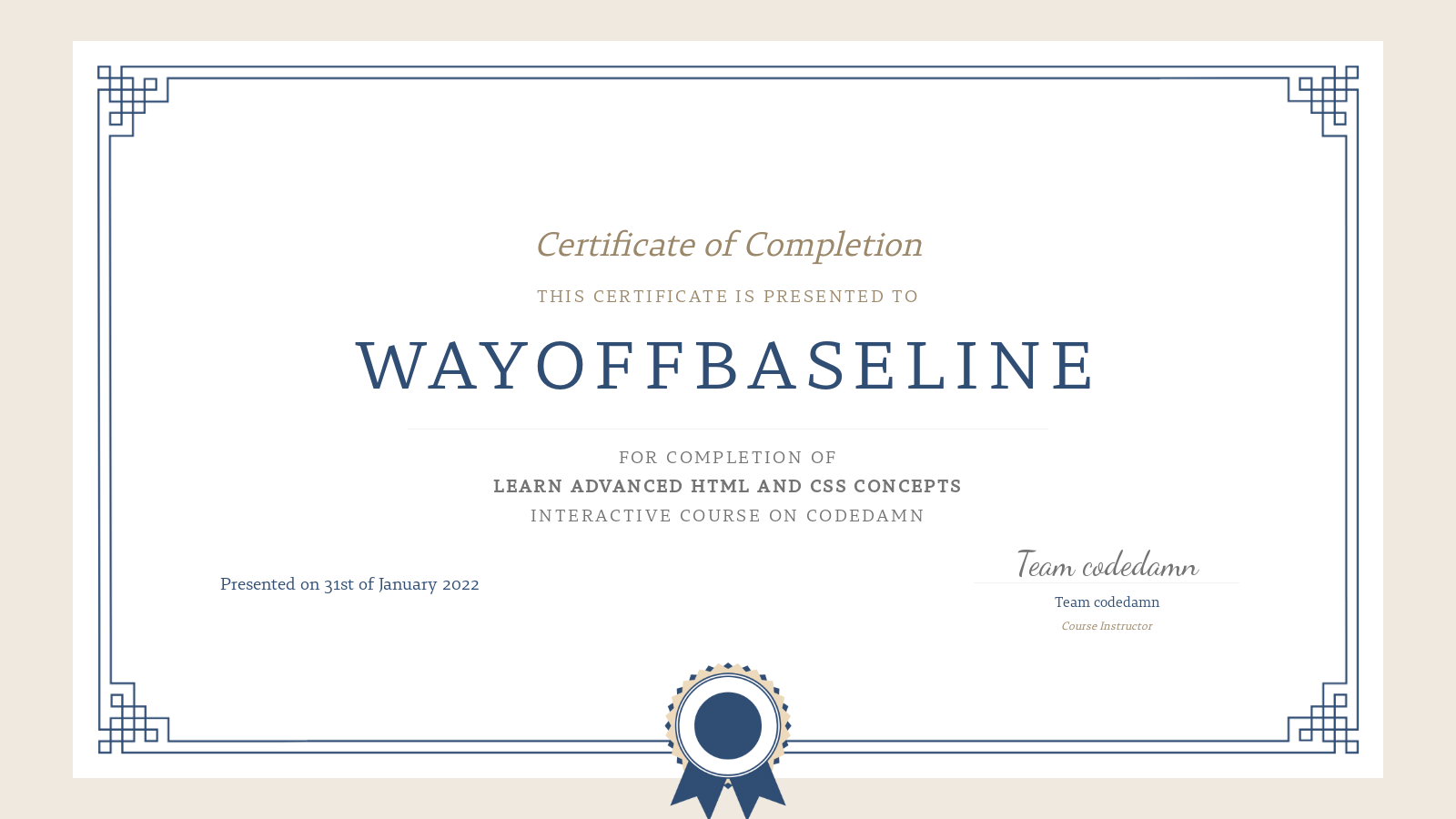 WayOffBaseline's certification for Learn Advanced HTML and CSS Concepts [Updated - 2023] | codedamn