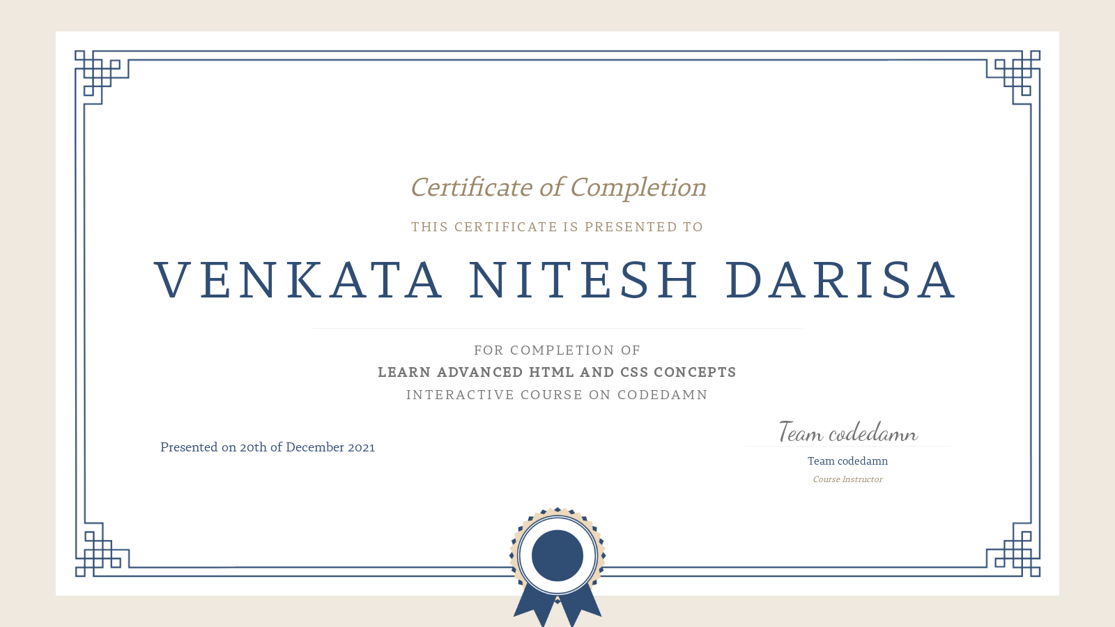 Venkata Nitesh Darisas Certification For Learn Advanced Html And Css Concepts Updated 2023 