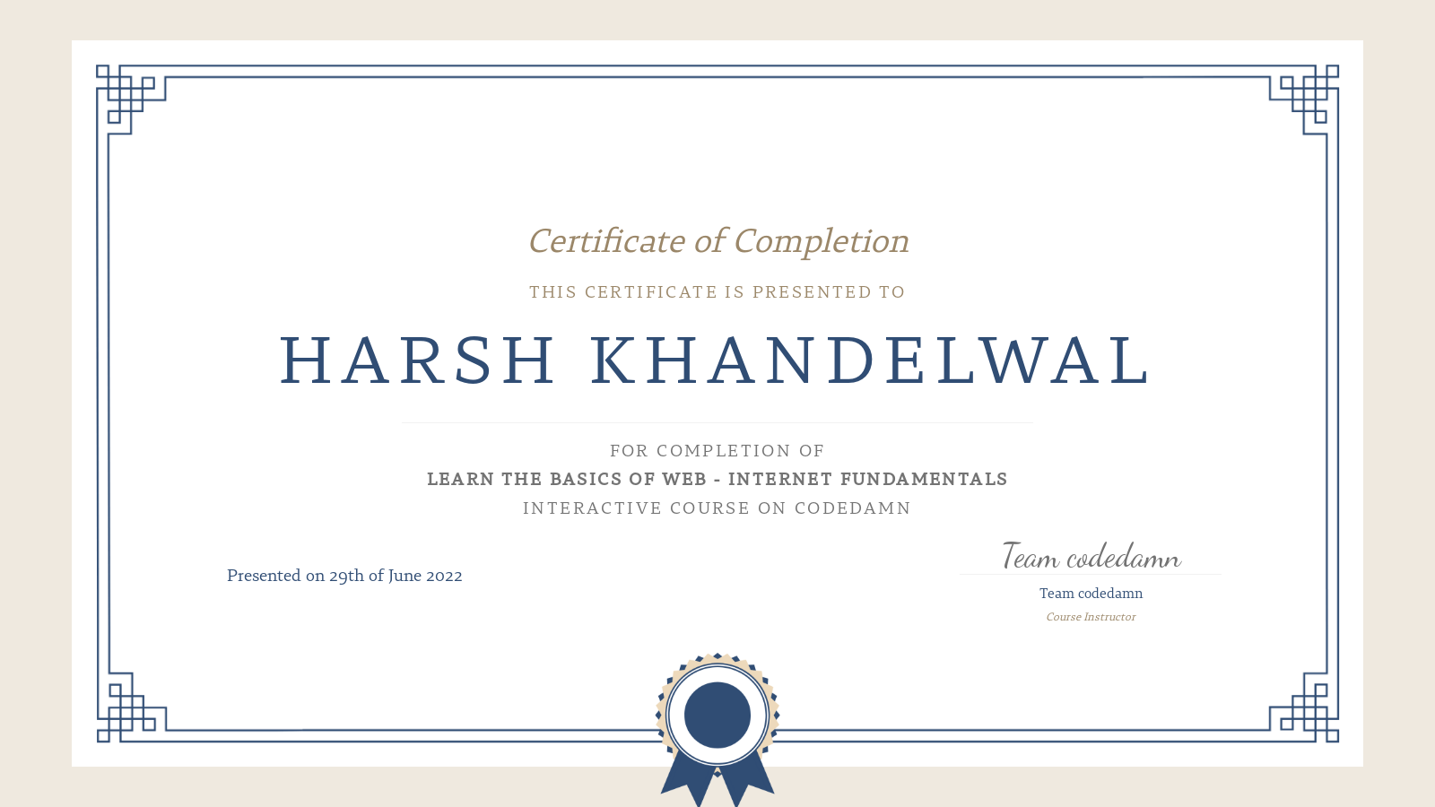 Harsh Khandelwal's certification for Learn the basics of web - Internet fundamentals | codedamn