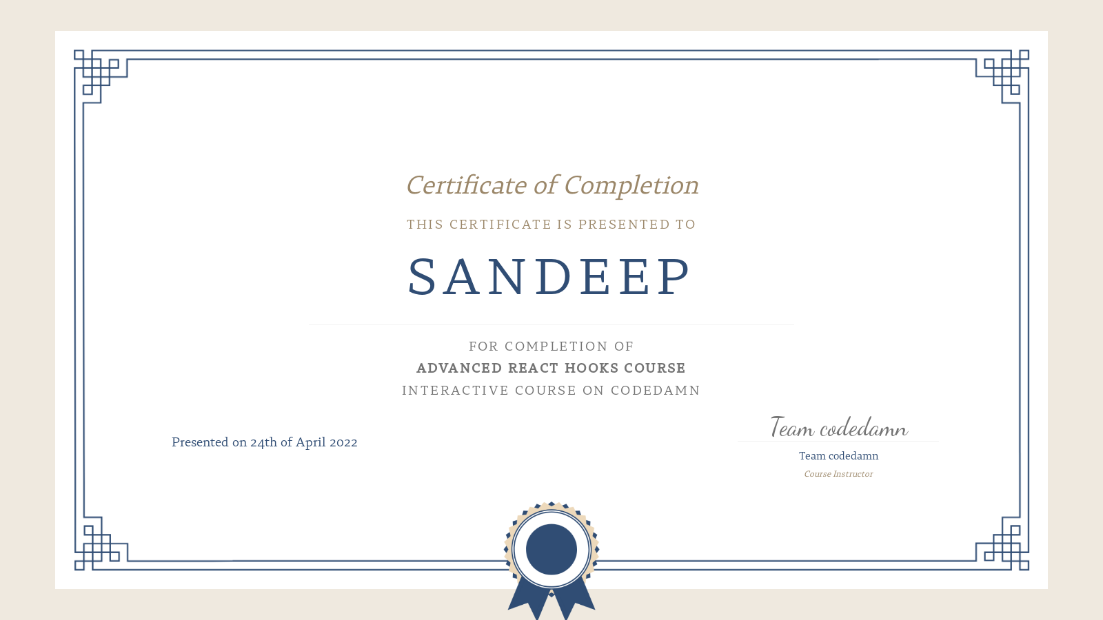Sandeep's certification for Advanced React Hooks Course | codedamn