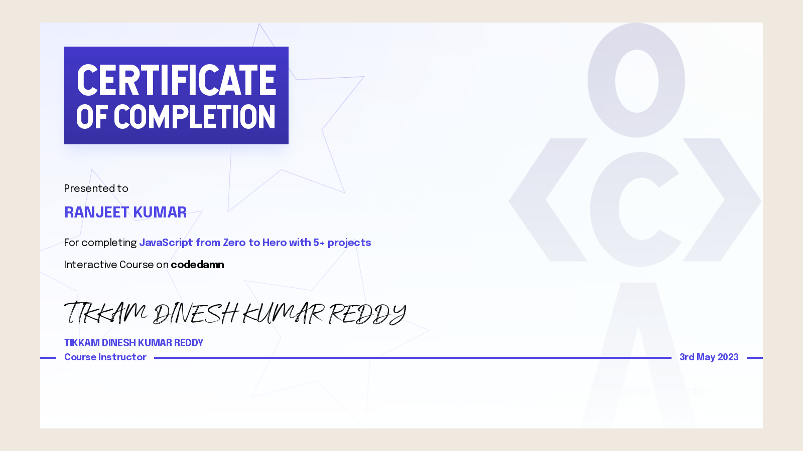 RANJEET KUMAR's certification for JavaScript from Zero to Hero with 5+ projects | codedamn