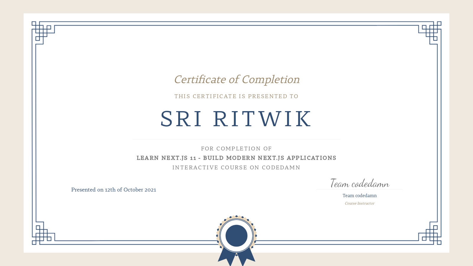 Sri Ritwik's certification for Learn Next.js 11 - Build Modern Next.js ...