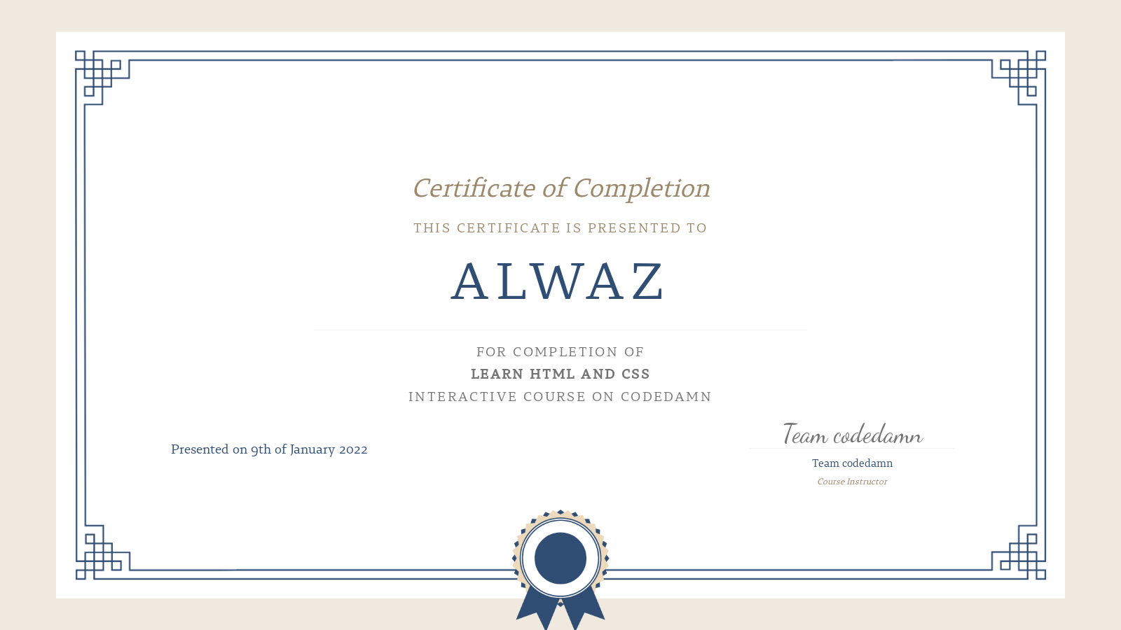 Syed Alwaz Asif's certification for Learn HTML and CSS [2024 Ready] | codedamn