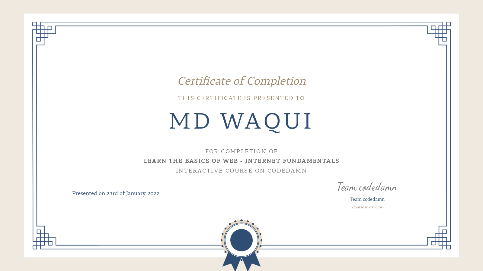 Md. Waqui's certification for Learn the basics of web - Internet fundamentals | codedamn