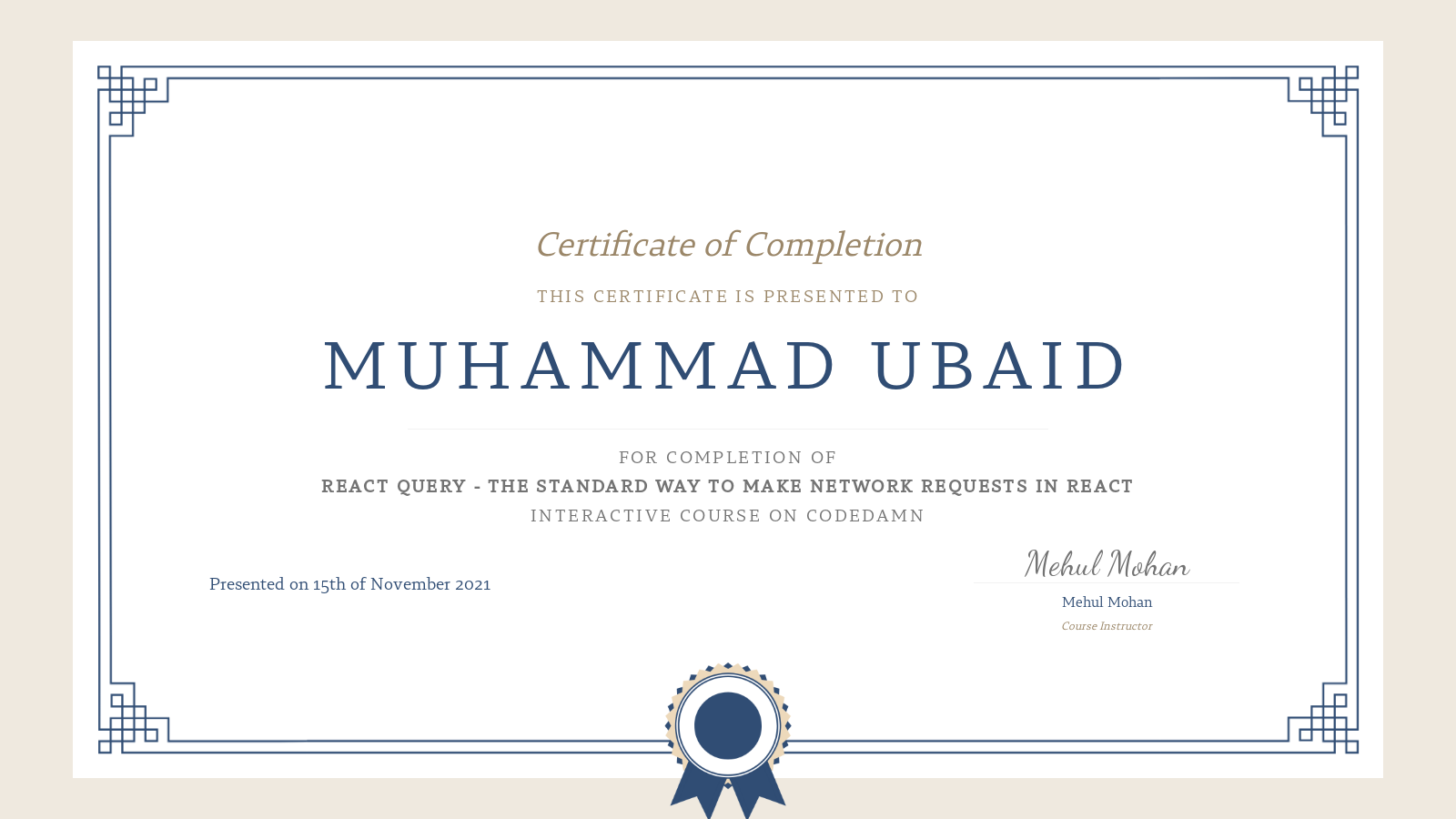 Muhammad Ubaid's certification for React Query - The standard way to make network requests in ...