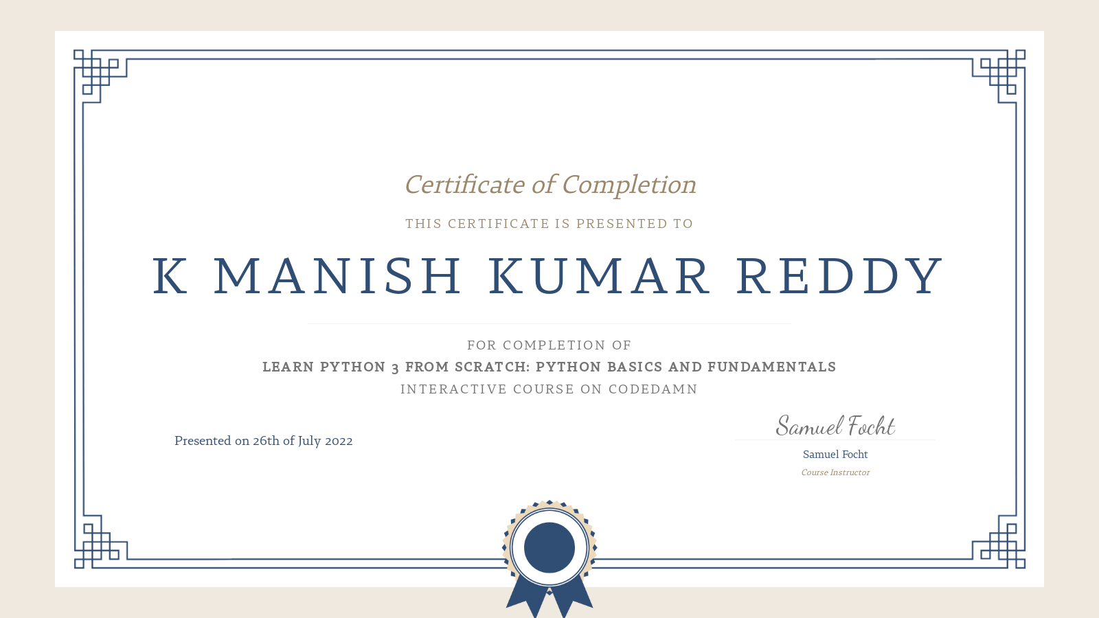 Manishs Certification For Learn Python 3 From Scratch Python Basics And Fundamentals Codedamn 9152