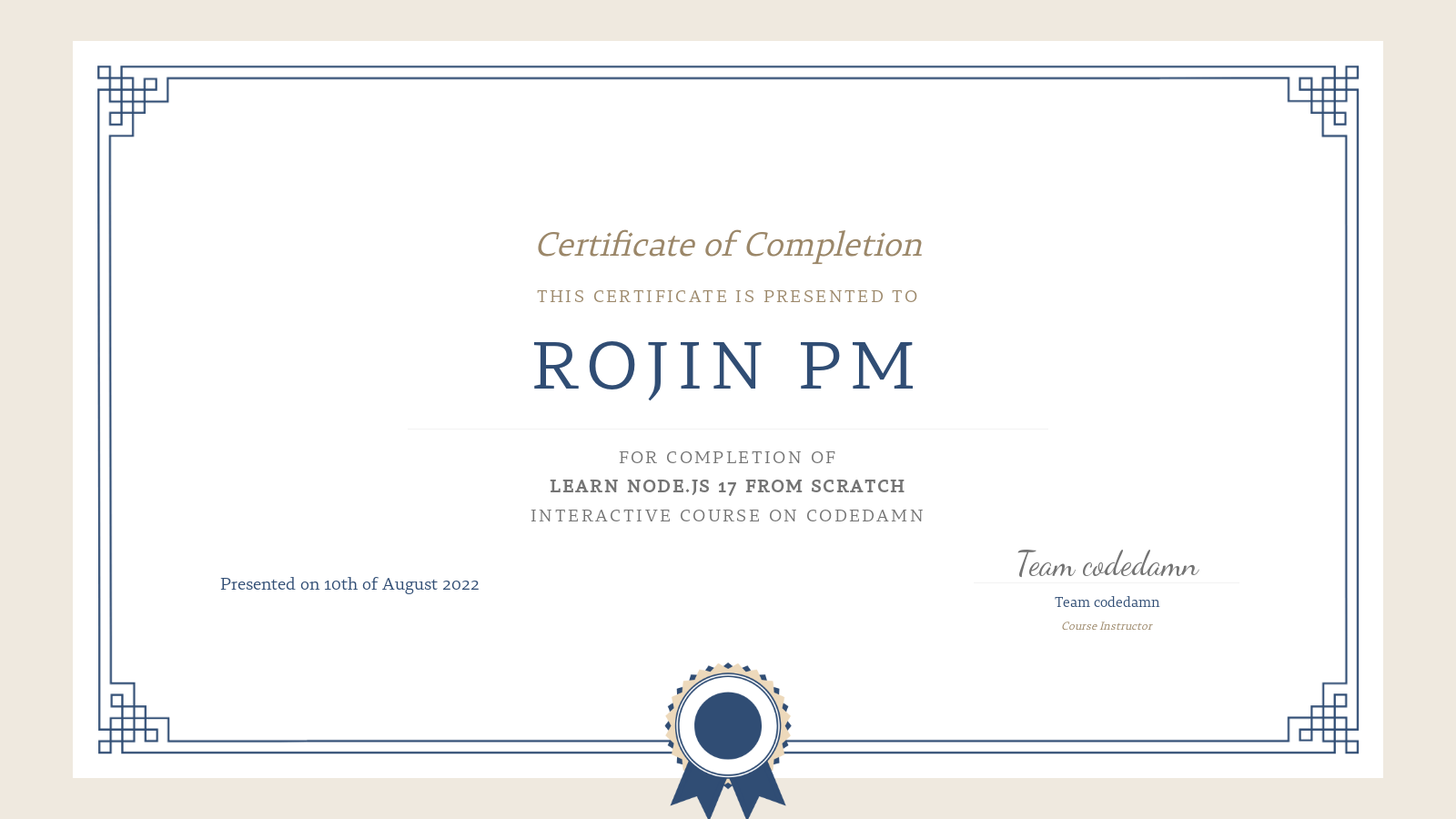 Rojin Pm's certification for Learn Node.js From Scratch | codedamn