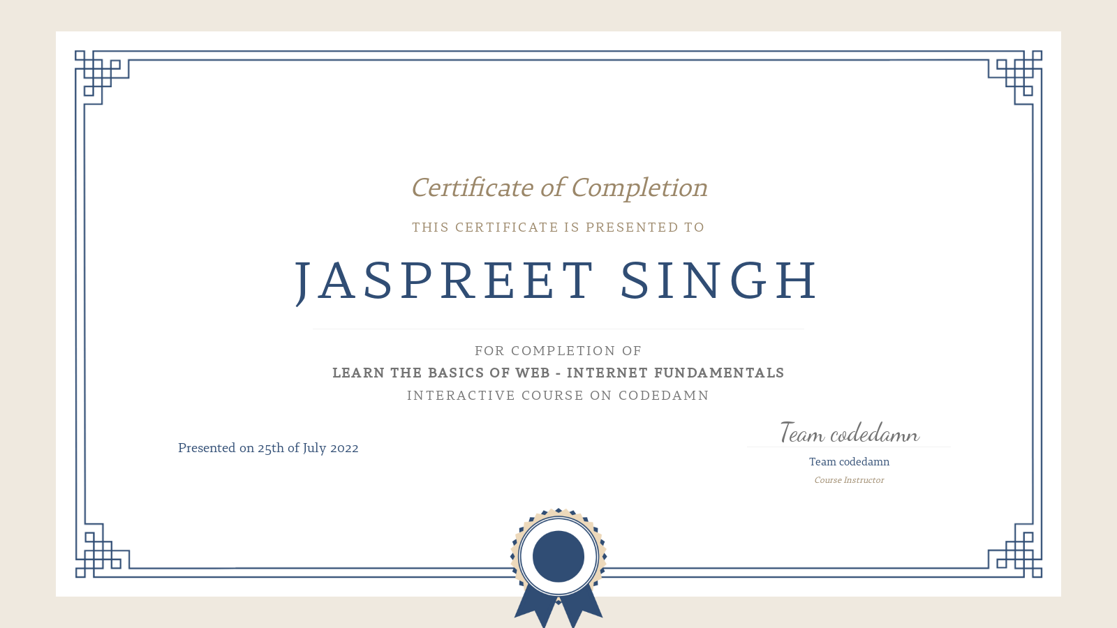 Jaspreet Singh's certification for Learn the basics of web - Internet fundamentals | codedamn