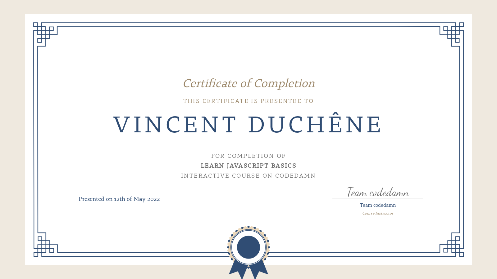 Vincent Duchênes Certification For Learn Javascript Basics Codedamn