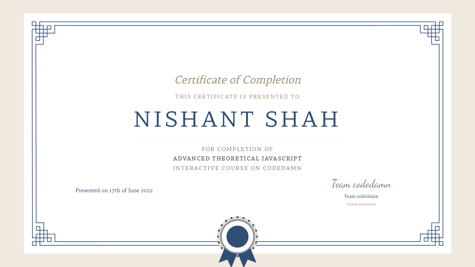 Nishant Shah's certification for Advanced Theoretical JavaScript | codedamn