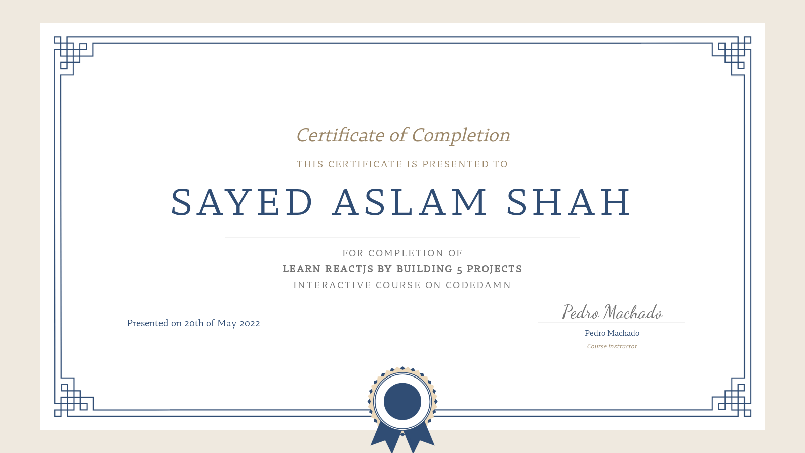 Sayed Aslam Shahs Certification For Learn Reactjs By Building 5 Projects Codedamn