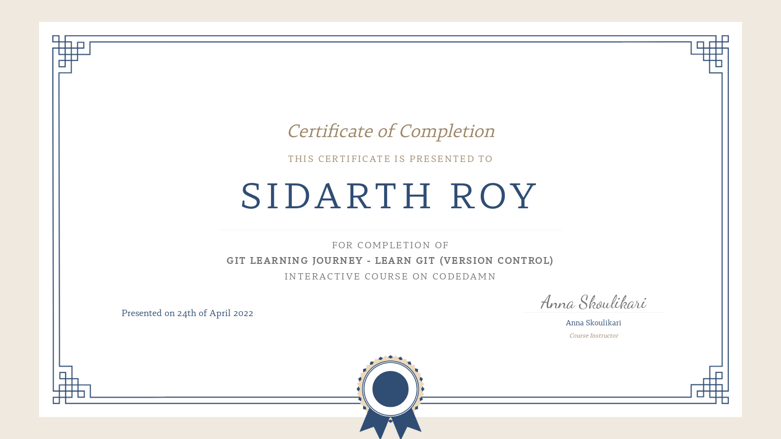 Sidarth Roy's certification for Git Learning Journey - Learn Git (Version Control) | codedamn